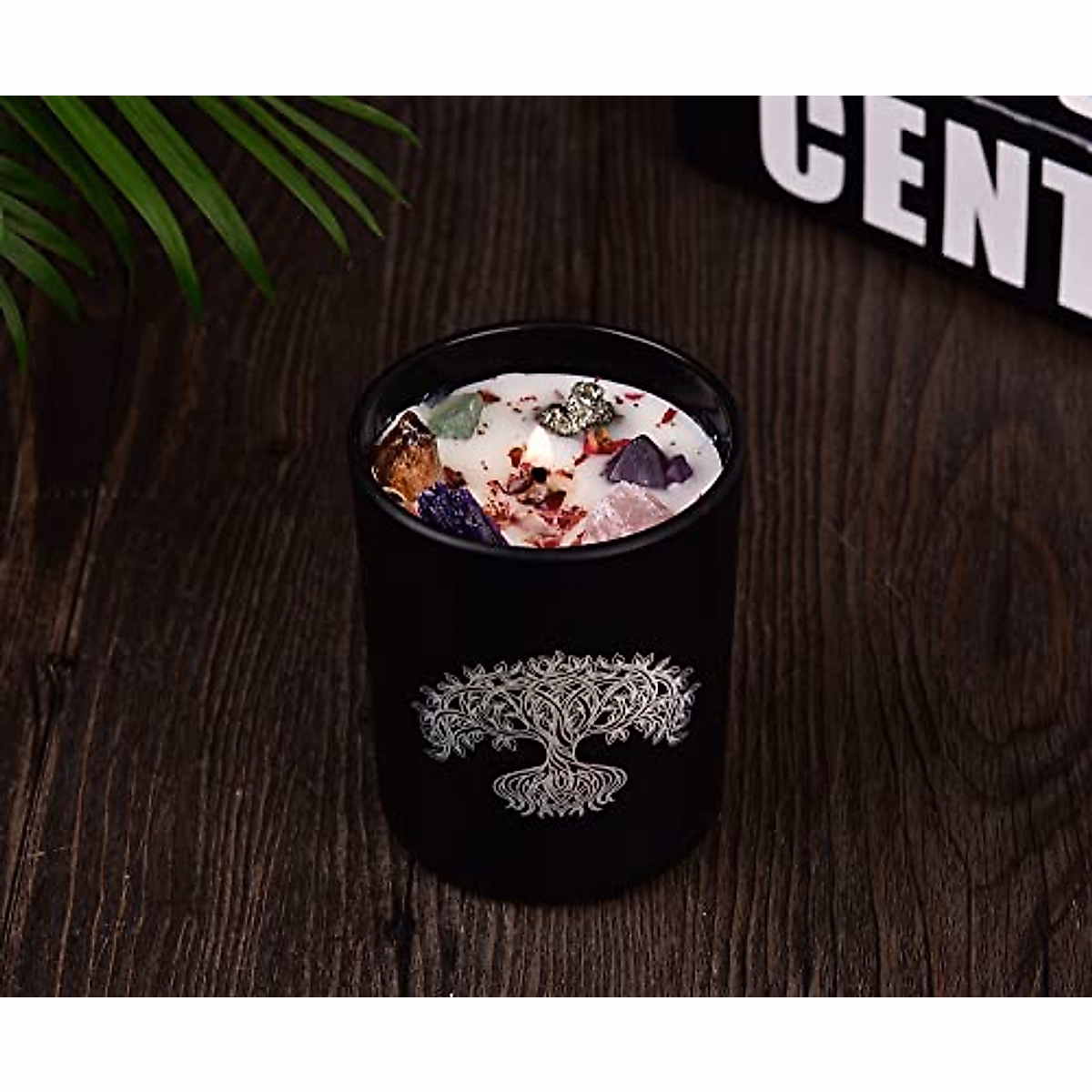 Scented Candle with Crystal and Flowers Soy Candle Tree of Life Engraved Aromatherapy Candle for Meditation