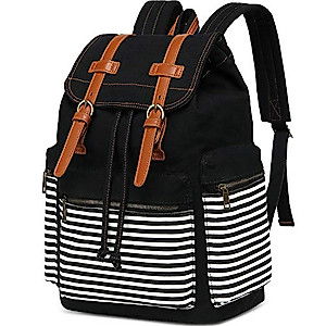 Bluboon Canvas School Backpack Women College Bookbag Girls Travel Rucksack 15.6Inch Laptop Bag (Black Stripe)