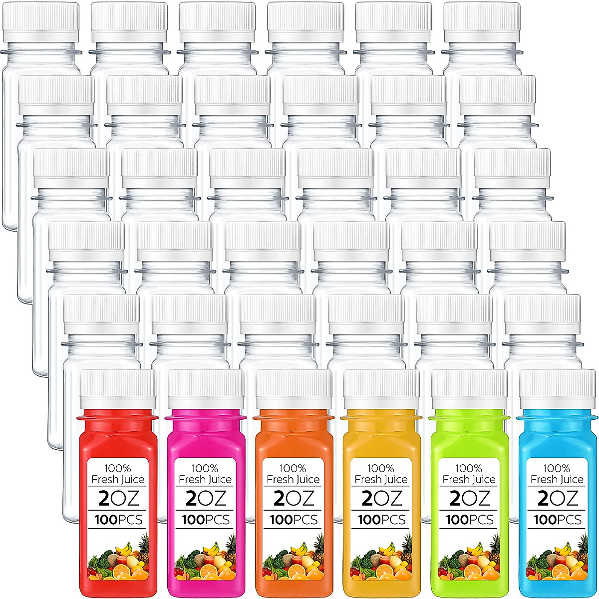 100 Pcs 2oz Small Clear Plastic Juice Bottles with Lid for Liquids Reusable Ginger Shots Bottle Vial Beverage Container Leak Proof Mini Jars for Juice, Milk, Water (White)