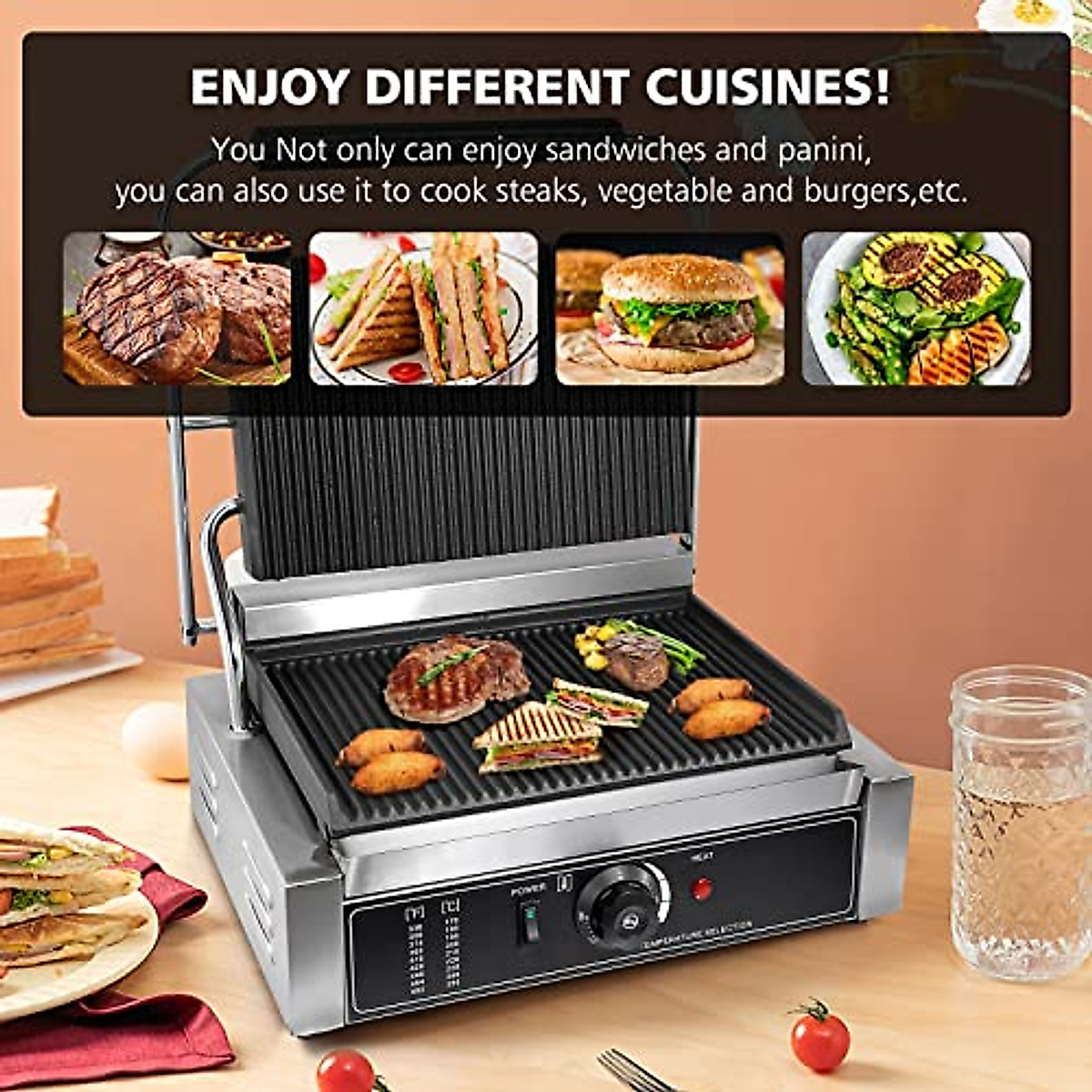 POWLAB Commercial Sandwich Panini Press Grill 2200W Sandwich Press Grill Machine Electric Stainless Steel Sandwich Maker Non Stick Surface Kitchen Equipment for Making Hamburgers Steaks Bacons