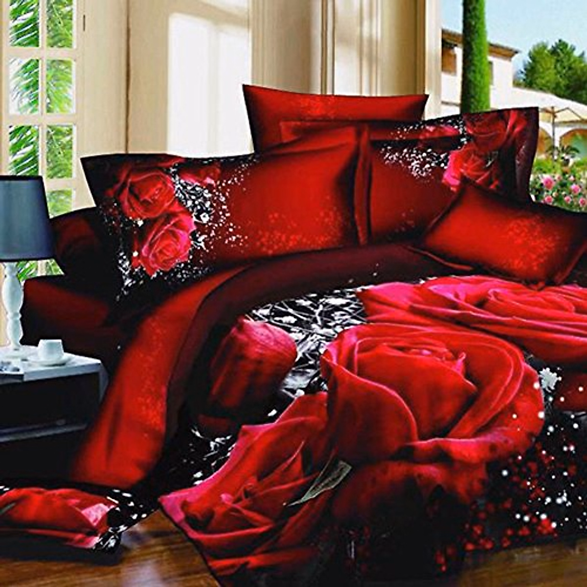 Longji 3D Oil Painting red Rose Bedding Set Queen King Size Comforter Bag Duvet Cover Set (Size : Queen 4pcs Duvet Cover 200x230cm)
