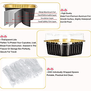 AXZTYYLA Square Baking Cups, 50pcs 5oz Aluminum Foil Mini Cake Pans with Lids, Disposable Creme Brulee Ramekins Muffin Tins Flan Cupcake Liners Dessert Cups Containers with 50 Spoons (Black, 50pcs)