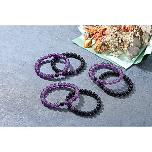 Jovivi 2pcs 8mm Black Obsidian & Amethyst Healing Crystal Stone Stretch Bracelets Handmade Natural Round Gemstone Beaded Energy Beads Chakra Bracelet for Women Men Couples Distance Gifts