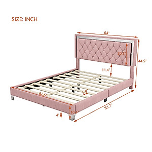 Queen Size Velvet Upholstered Platform Bed Mattress Foundation w/Crystal Tufted Headboard&LED Light for Adult,Low Profile Panel Bed Frame w/Metal Legs&Wooden Slat Support for Bedroom Guestroom (Pink)