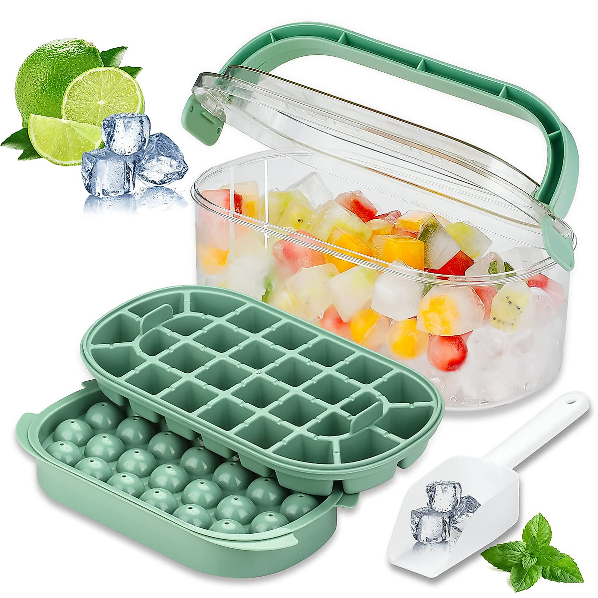 Ice Cube Tray for Freezer with Lid and Portable Ice Bin,BPA Free Round Ice Trays,Ice Bucket with Cover&Handle and Ice Scoop,28 Nuggets Ice Mold and 26 Mini Sphere Ice Cubes,Set of 2