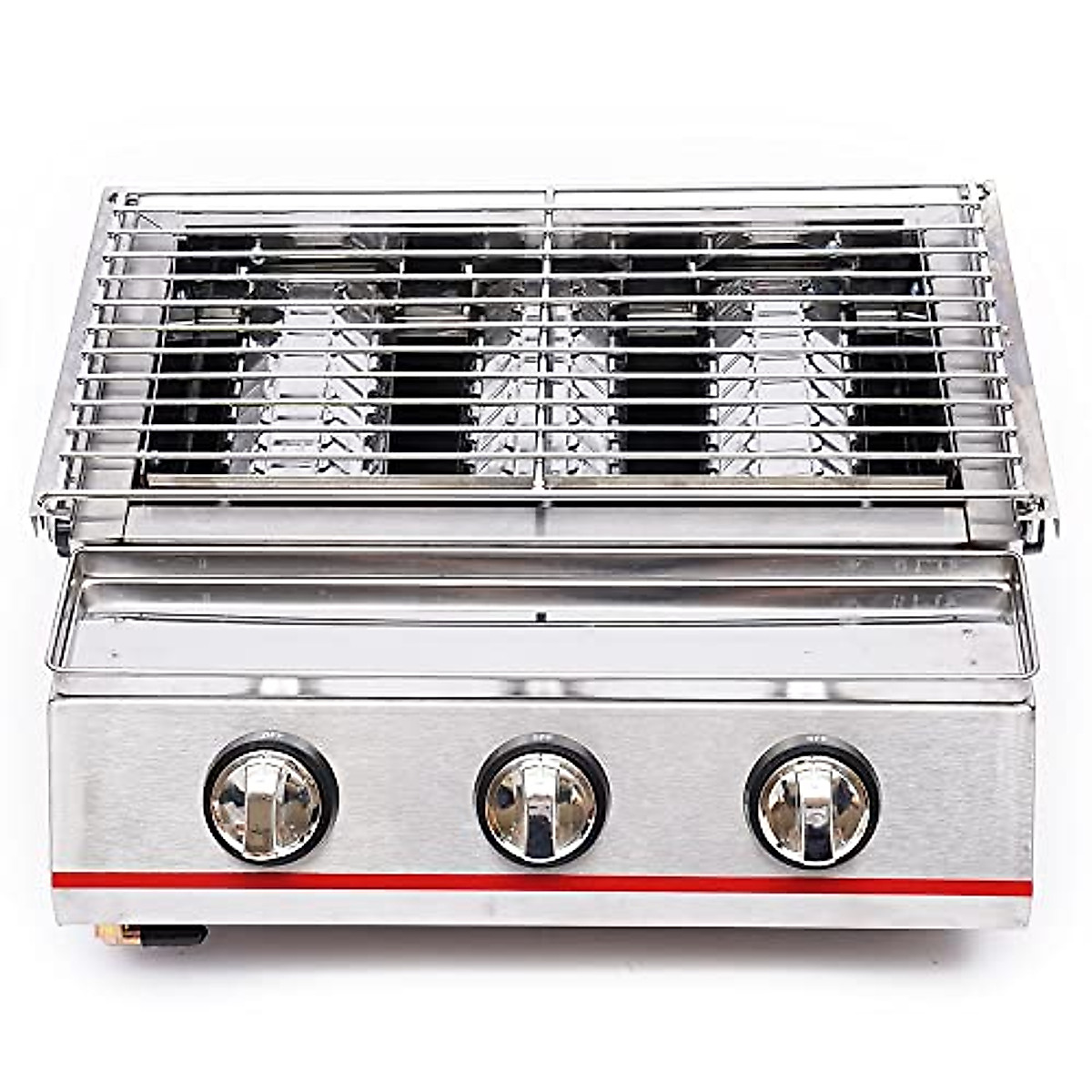 Tabletop Grill, 3-Burner Side Gas Grill, Portable Barbecue Grill, Stainless Steel BBQ Grill Cooker with Grill Net for Camping Parties Barbeque Picnics Outdoor Use