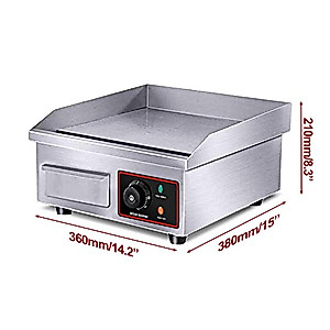 PROMOTOR 14" Electric Countertop Griddle Grill Stainless Steel Commercial Restaurant Teppanyaki Grill Adjustable Temp Control 1500W Non-Stick