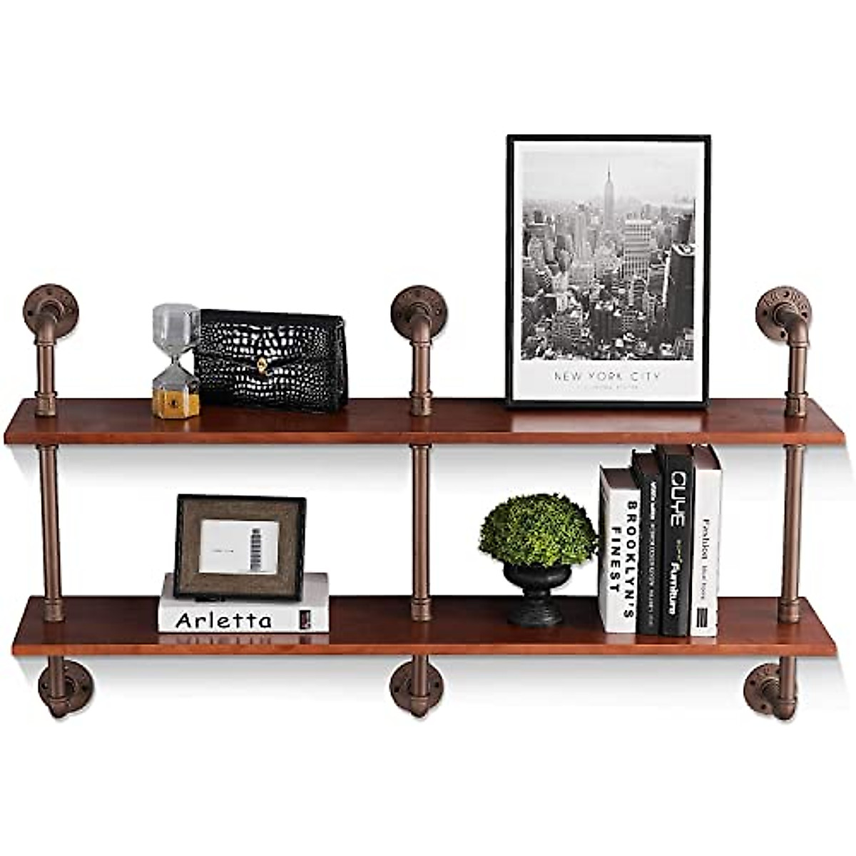 ivinta Industrial Pipe Shelves with Wood 2-Tiers, Rustic Wall Mount Shelf, Metal Hung Bracket Bookshelf, DIY Storage Shelving Floating Shelves