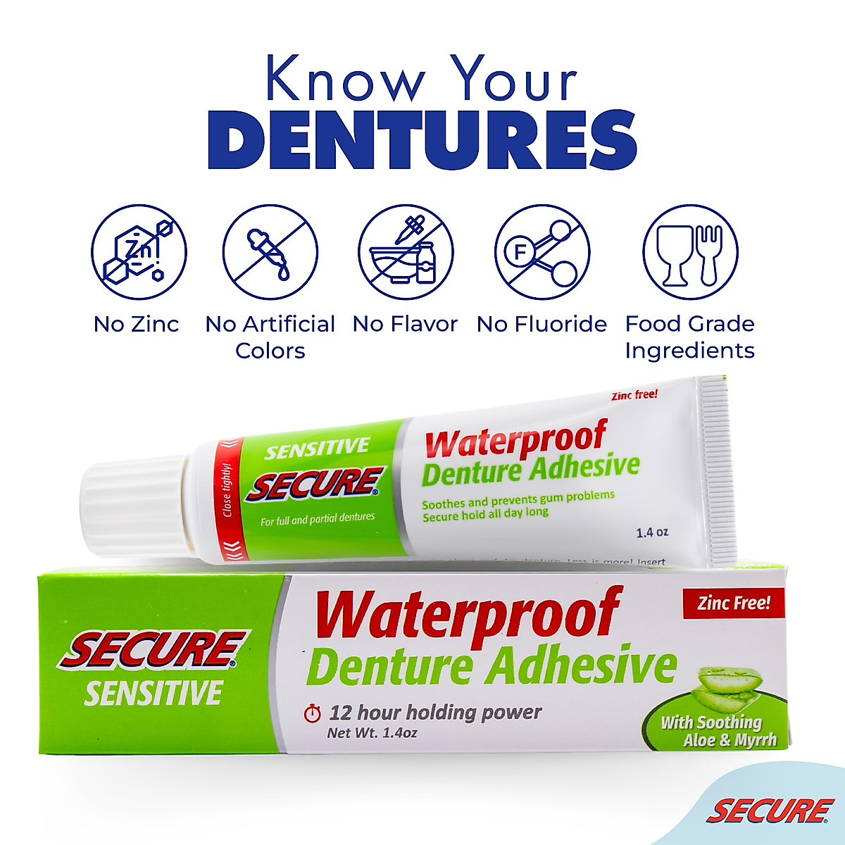 Secure Sensitive Gums Waterproof Denture Adhesive Zinc Free with Aloe Vera & Myrrh - Extra Strong 12 Hour Hold - 1.4 oz