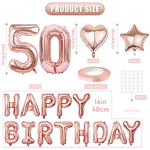 Rose Gold Happy Birthday Balloons Banner, 50th Birthday Decorations 16 Inch Mylar Foil Letters Sign Balloons Banner for Fifty Year Old Birthday Party Supplies (50th)