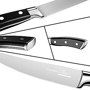 OAKSWARE Steak Knives Set of 8 with Block, 5 inch Non Serrated Steak Knife Set, 8 Pieces Professional Straight Edge Kitchen Table Dinner Knives - Forged German Steel - Full Tang Handle
