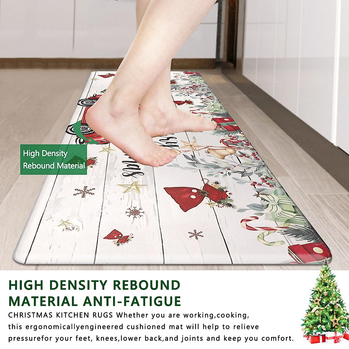 VSIWB Christmas Kitchen Rugs Sets of 2 Rustic Anti Fatigue Kitchen Mats for Floor Red Truck Wood Grain Kitchen Rugs and Mats Non Slip Cushioned Floor Carpet for Winter Holiday Xmas Home Decor