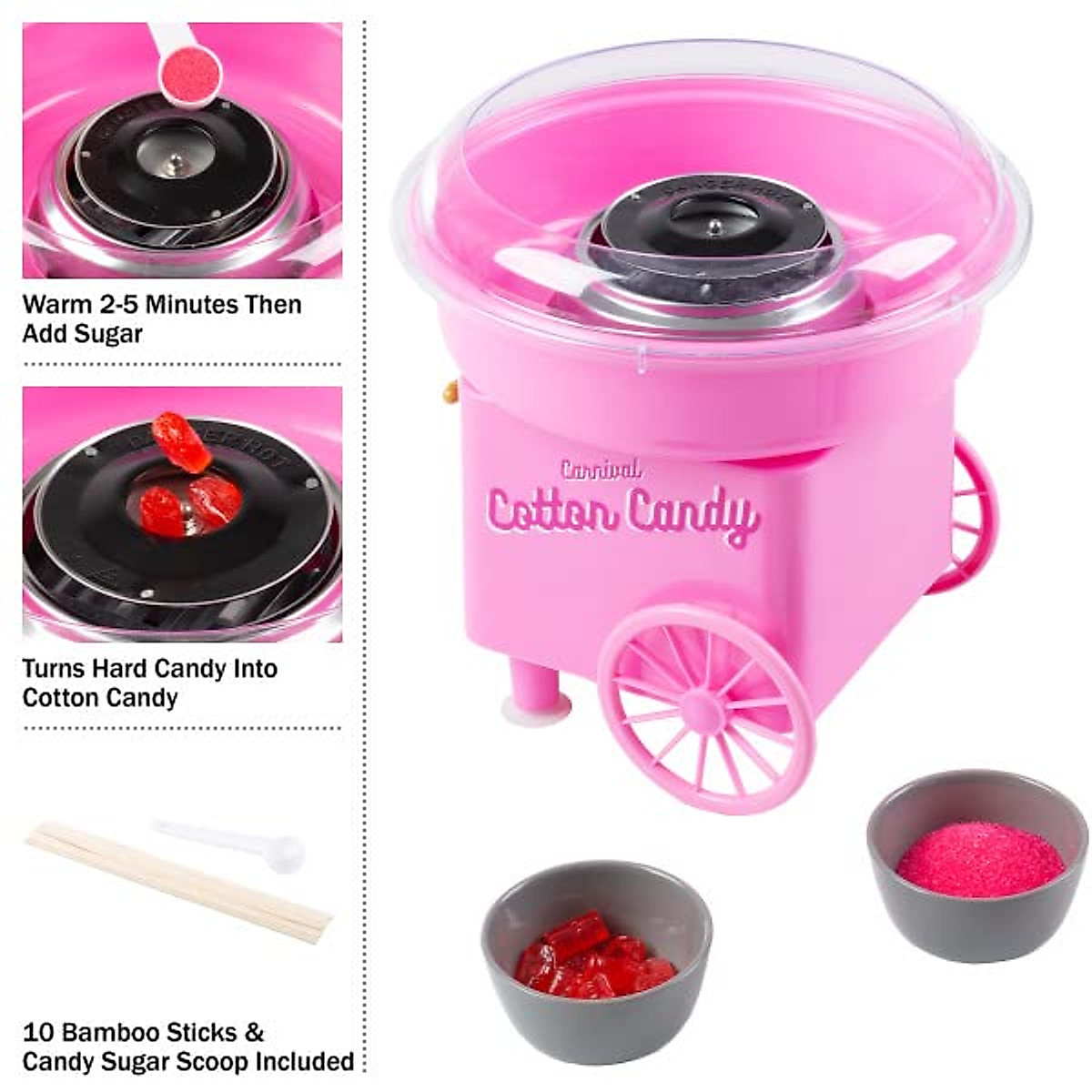 Countertop Cotton Candy Machine – Includes Scoop and 10 Serving Sticks – Works with Cotton Candy Sugar or Hard Candy by Great Northern Popcorn (Pink) (83-DT6084)