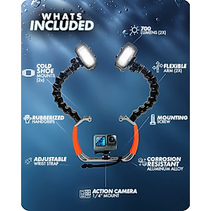Movo DiveRig5 Underwater Video/Photo Diving Rig for Scuba and Snorkeling - Action Camera Cage Dive Rig, Waterproof Lights with Flexible Arm Mounts- Compatible with GoPro, DJI Osmo, Insta360 and More
