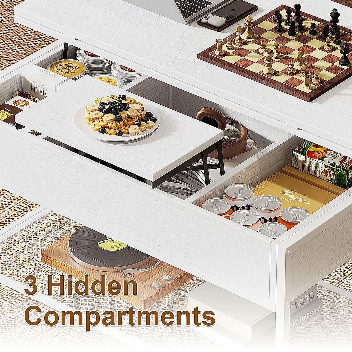 cosimates Lift Top Coffee Table ，4 in 1 Multi-Function Coffee Table with Hidden Compartment ，Convertible Dining Table for Living Room Reception,Home Office, White