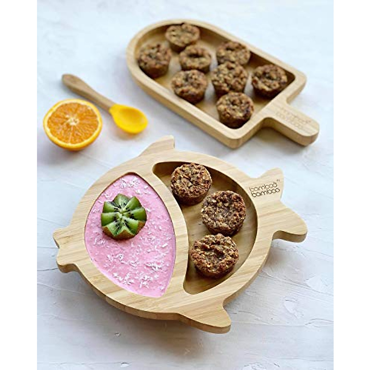 Bamboo Baby Plate with Suction - Kids and Toddler Suction Cup Plate for Babies, Non-toxic All-Natural Bamboo Baby Food Plate Stays Cool to the Touch for Baby-Led Weaning (Fish-Orange)