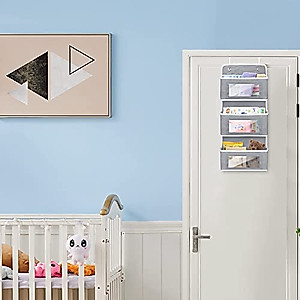 BiSiViO Door Hanging Organizer Nursery Closet Cabinet Baby Storage with 4 Large Pockets, Wall Mount Storage with Clear Window and 2 Widened Metal Hooksfor Cosmetics, Toys and Sundries (Grey)