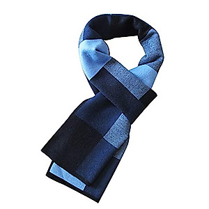 KODOD Plaid Striped Wool Scarf for Men - Winter Soft Thick Cashmere Knit Scarves (A Wool Blend Scarf Navy&Blue Plaid)