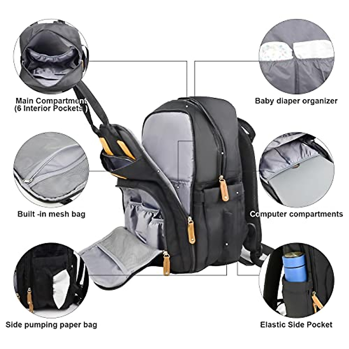 Diaper Bag Backpack For Mom Dad, Aiyoo baby Changing Bags Black Lightweight Travel BackPack Style Diaper Bags with Changing Pad