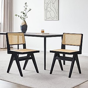 Way2Furn Rattan Chair Set of 2, Mid Century Modern Chair for Kitchen, Cane Dining Chair with Cane Back & Wood Base, Dining Room, Study Room, Living Room, Yard, B&B, Teahouse, Hotel, (Black)