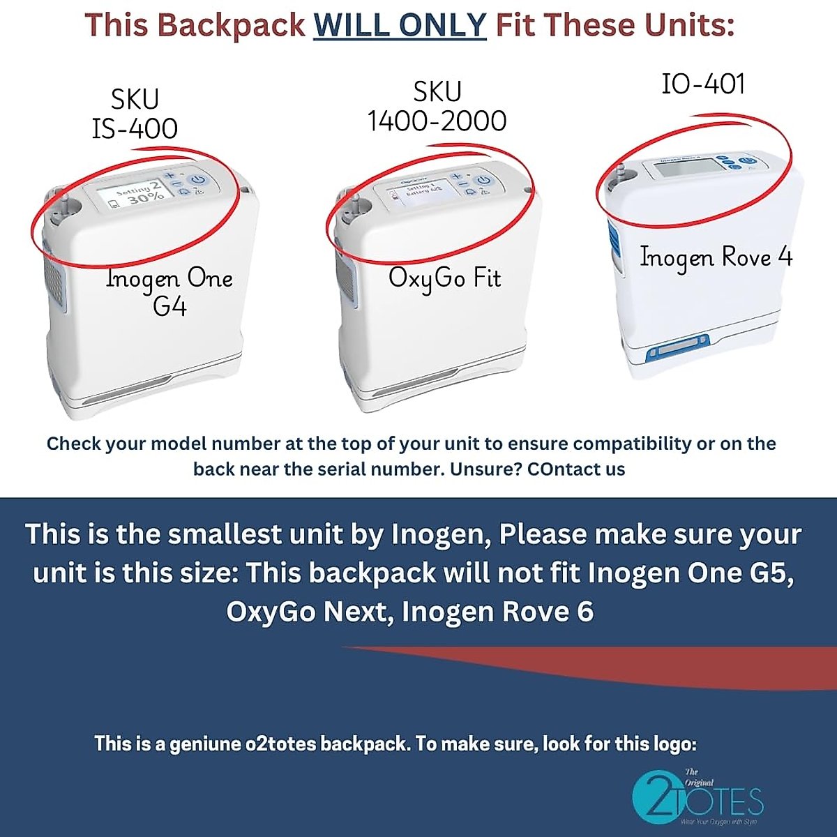 O2TOTES USA Backpack Custom Fit For Inogen One G4, Inogen Rove 4, OxyGo Fit; Ultra Lightweight, Mesh Panels, Zippered Bottom