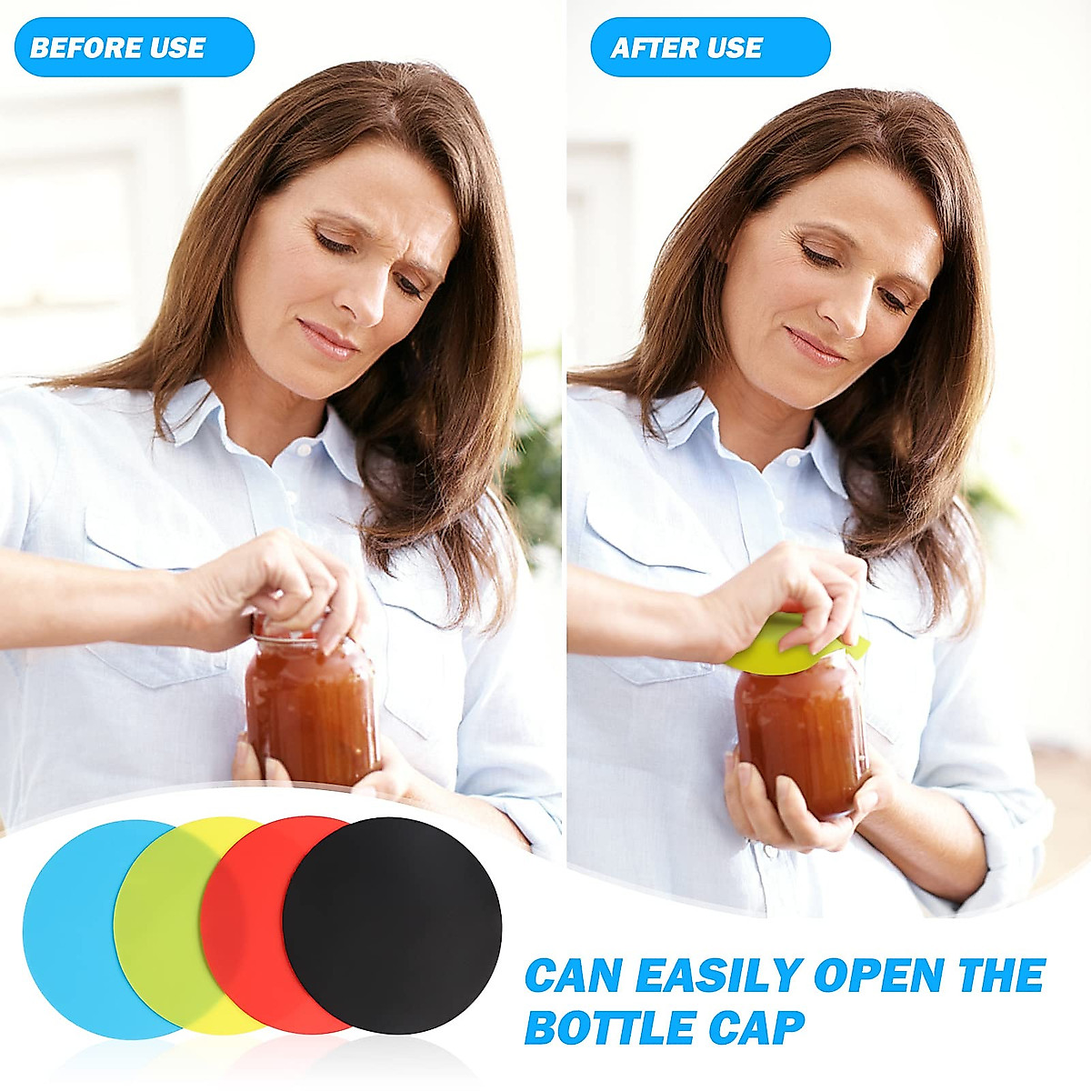 Cabilock 4pcs Rubber Non Slip Jar Gripper Pads Multi Purpose Non Slip Jar Lid Grip Pad Bottle Opener for Seniors Kids Women Kitchen Coasters Round