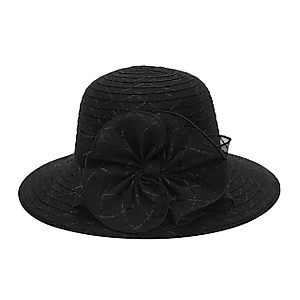 Women Organza Church Hat - Wide Brim Sun Hat Wedding Bridal Flower Church Hat Fascinator Hat (US, Alpha, Medium, Black)