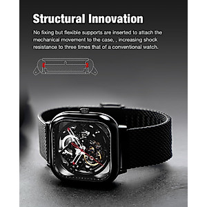 CIGA Design Men's Automatic Watch, C Series Full Hollow Skeleton Mechanical Analog Wristwatch with Milanese and Leather Strap Sapphire Crystal Mirror (Black)