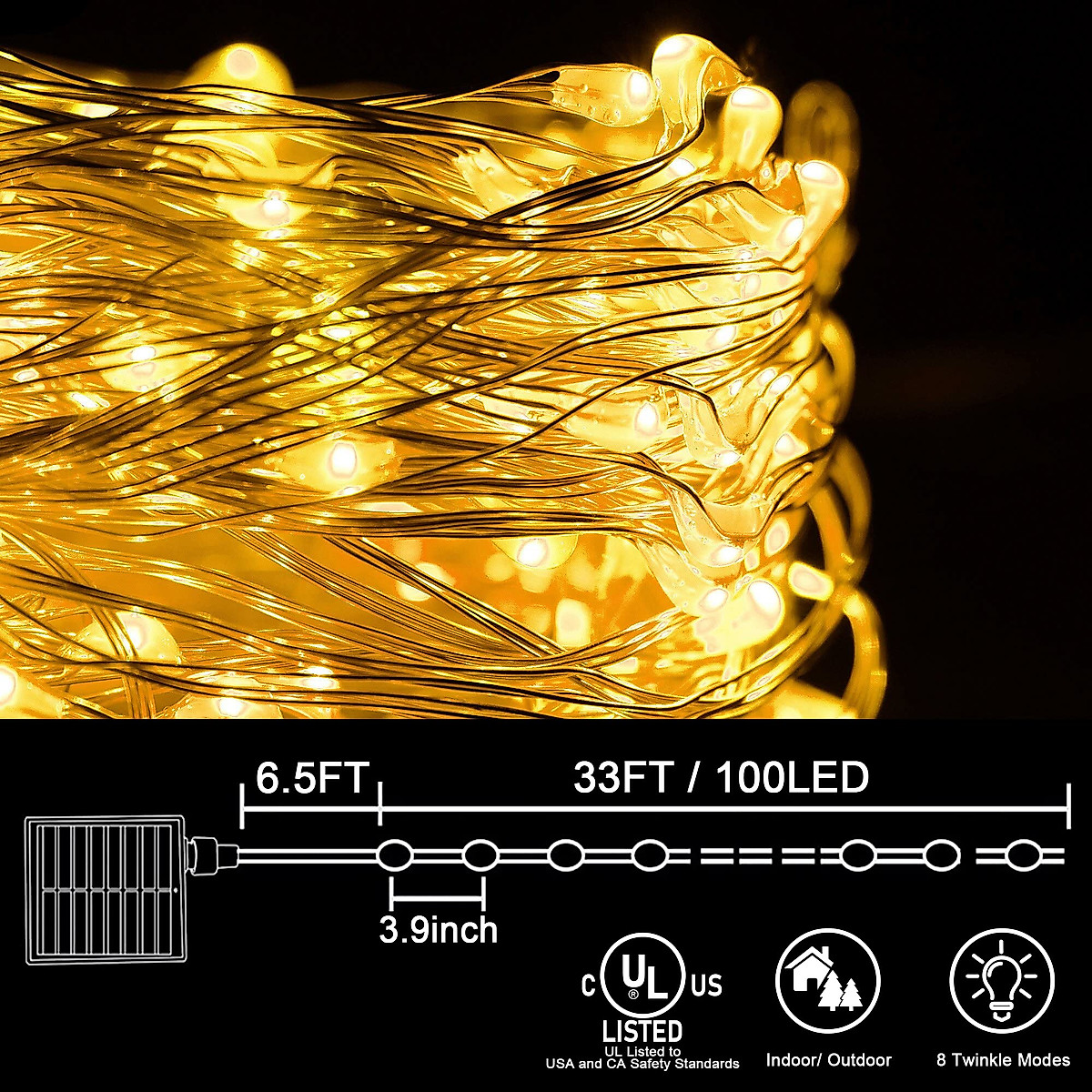 kemooie 2 Packs Solar String Lights, Total 200 LED 66FT 8 Twinkle Modes Warm White Solar Powered Fairy Lights, Waterproof for Outdoor, Tree, Garden, Christmas Decorations (Warm White)