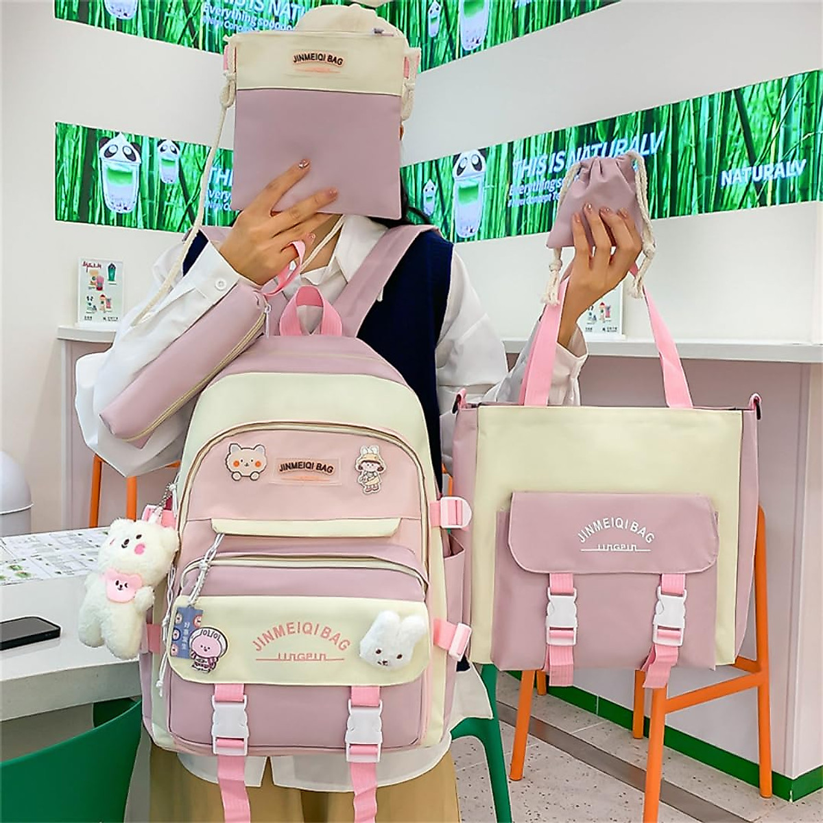 MIFJNF 5Pcs Kawaii Backpack Cute Backpack for School Aesthetic Backpack Kawaii School Supplies Backpack Set with Accessories (Pink)