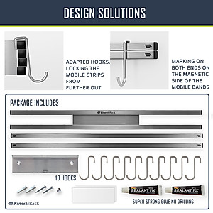 KINESISRACK Magnetic Knife Holder for Wall 16 inch Extends up to 30 inches 4 Strip Neodymium Magnetic Rack with 10 Hooks for Kitchen Utensils Organize. No Drill Tools Holder