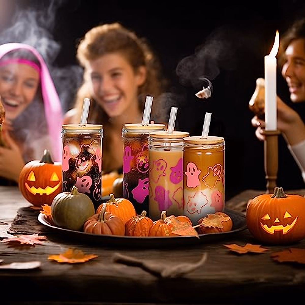 ANOTION Halloween Cups, 24oz Halloween Mason Jar with Lid and Straw Tumbler Iced Coffee Cups Halloween Decor Cookie Jar Glasses Halloween Glassware Drinking Water Bottles Halloween Decorations Indoor