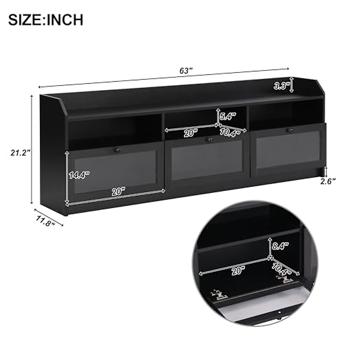 P PURLOVE Entertainment Wall Unit with Tall Cabinets, Modern TV Console Table for TVs Up to 65" with Acrylic Board Door, Multifunctional TV Stand Set for Living Room (Black)