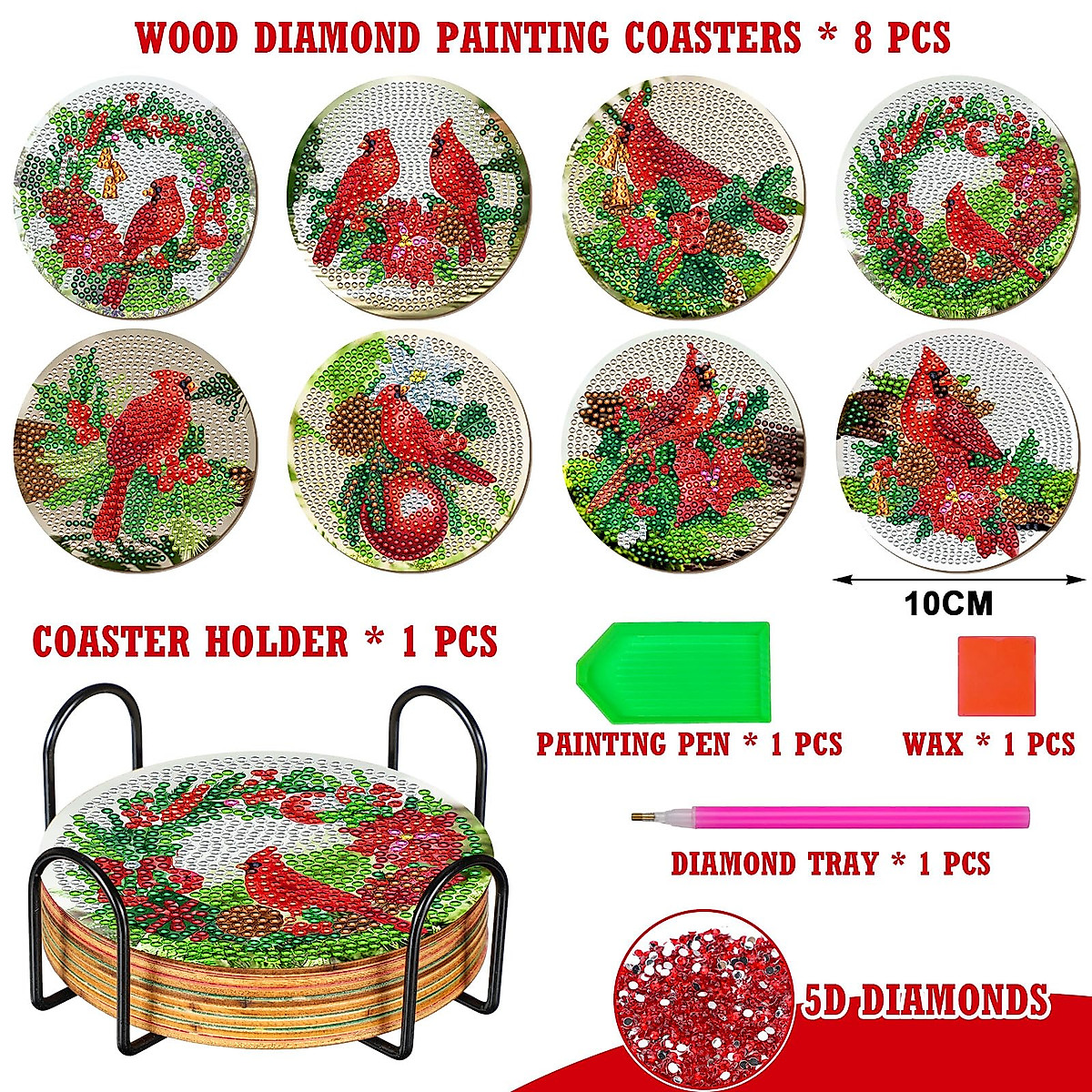 Yaomiao 8 Pcs Christmas Diamond Painting Coasters Ornament DIY Coaster Christmas Diamond Art Kits Cardinal Diamond Coasters for Kids Adults Beginners Art Craft Supplies Home Xmas Party Decoration