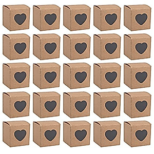 AUEAR, 50 Pack of Kraft Gift Boxes with Clear Plastic Heart Window 2x2x2 inch Treat Gift Boxes for Cake Candy Cookies Dessert