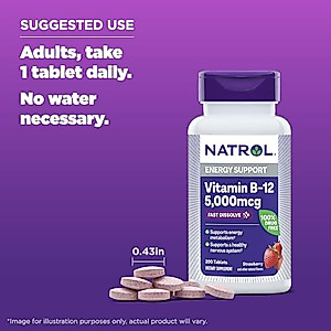 Natrol Vitamin B-12 5000mcg, Dietary Supplement for Cellular Energy Production & Healthy Nervous System Support, 200 Strawberry-Flavored Fast Dissolve Tablets, 200 Day Supply