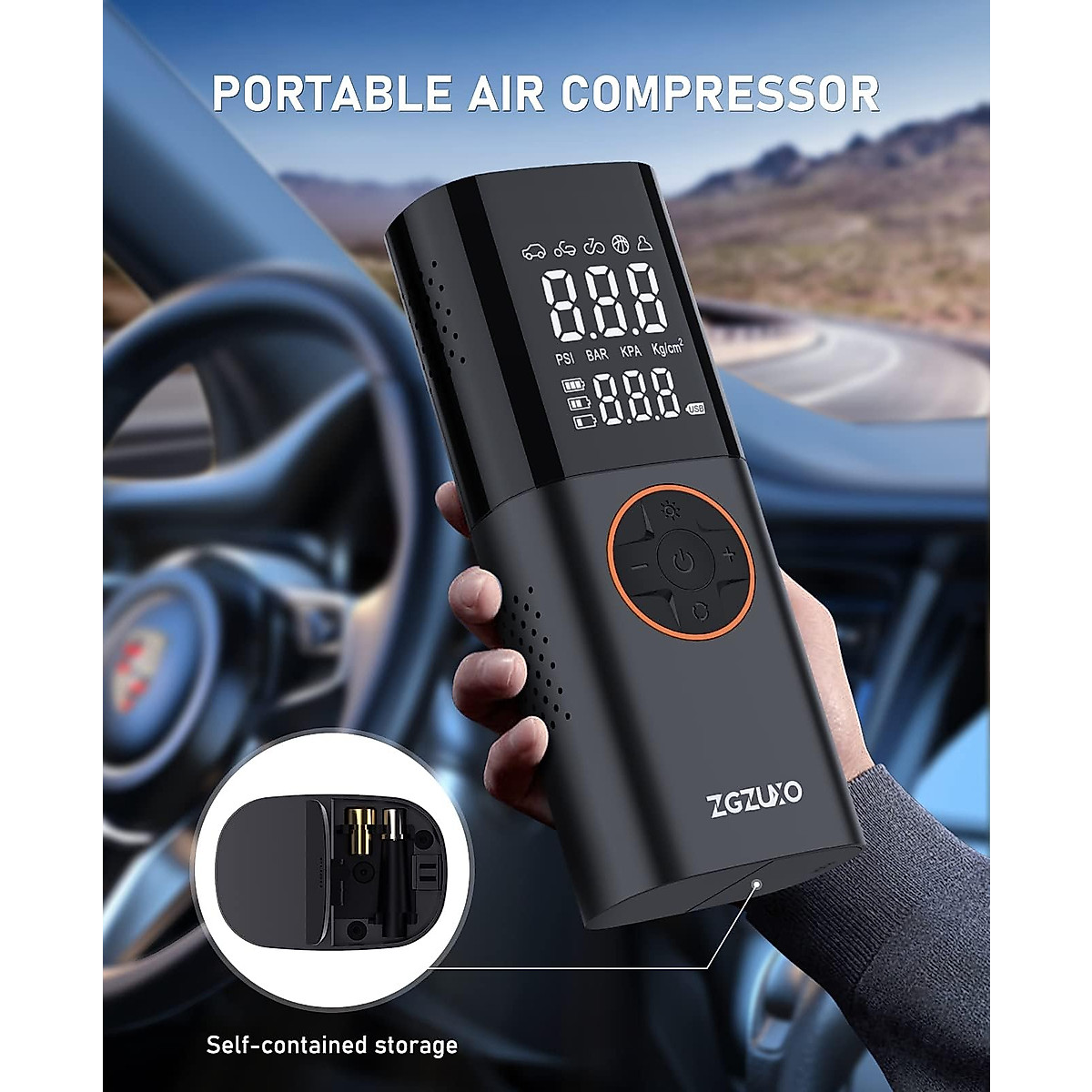 Tire Inflator Portable Air Compressor, 150PSI Fast Cordless Bike Tire Pump, Battery & 12V DC Dual Power Bike Pump with Digital Pressure Gauge, LED Light for Cars, Motorcycles, Bicycles, Balls and More