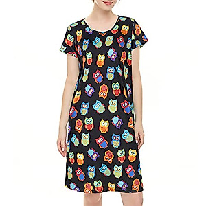 Zando Plus Size Nightgowns for Women Cotton Pajamas Soft Sleep Shirts Short Sleeve Night Gown Cute Girls Nightgowns Printed House Dress Night Shirts for Women Sleepwear Black Owls Large