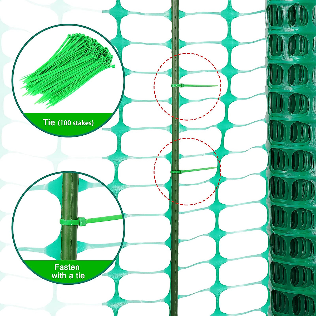 Temporary Garden Fence, Snow Fence, Plastic Safety Fence 4’ x100’ with 25 Steel Fence Stakes & Zip Ties –Temporary Fencing,Plastic Netting Mesh Barrier for Dogs Chickens, Small Animal and Plants