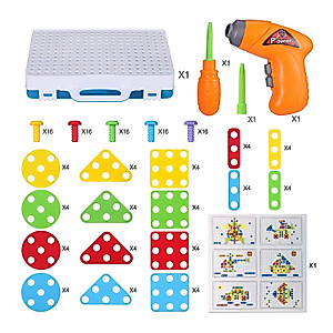 Haifeng 147 Pieces Creative nPlay Drill and Screwdriver Toy Set, DIY Mosaic Design Art Kit, STEM Education Learning Toy for Kids Aged 3-8 Years Old
