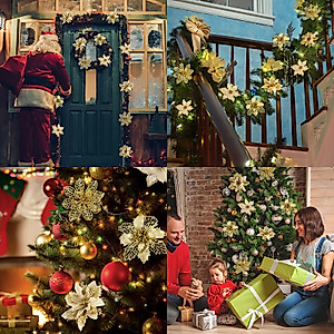 Whaline 24Pcs Christmas Poinsettia with 24Pcs Clips 4 Design Glitter Gold Artificial Flower Winter Party Supplies for Xmas Tree Ornament Wedding Birthday Wreath Decoration