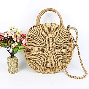 Women Straw Summer Beach Bag Handwoven Round Rattan Bag Cross Body Bag Shoulder Messenger Satchel with Handle