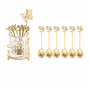 INPROPEXT 6PCS Coffee Spoons Set with Glass Holder,Small Stainless Steel Gold Tea Spoons,Mini Dessert Spoons Set for Fruit,Stirring, Mixing, Sugar, Ice Cream, Cake (6 x Spoons)