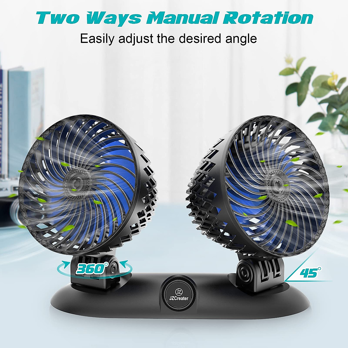 JZCreater Car Fan - Dual Head USB Desk & Portable Vehicle Cooling Fan with Variable Speed & 360°Rotation for Car Dashboard, SUV, RV, Truck, Sedan, Cruise & Office Use, Quiet & Small Fan, Black Blue