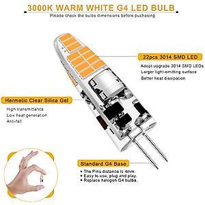 AGOTD G4 LED Bulb, 2W 12V G4 Bi Pin Bulb, G4 20W Halogen Bulb Replacement, Warm White 3000K，No-Flicker， Chandelier Lighting/Landscape Lighting/Microwave Lighting（6 Pack）