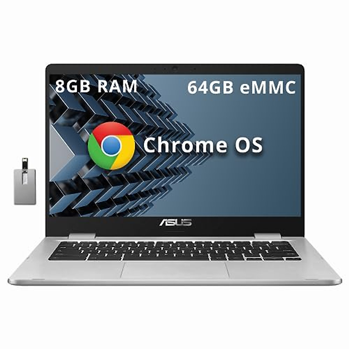 ASUS C423NA Chromebook 14" HD Laptop, Intel Celeron N3350 Processor, 8GB RAM, 64GB eMMC Flash Memory, Intel HD Graphics, HD Webcam, Stereo Speakers, Chrome OS, Silver (Renewed)