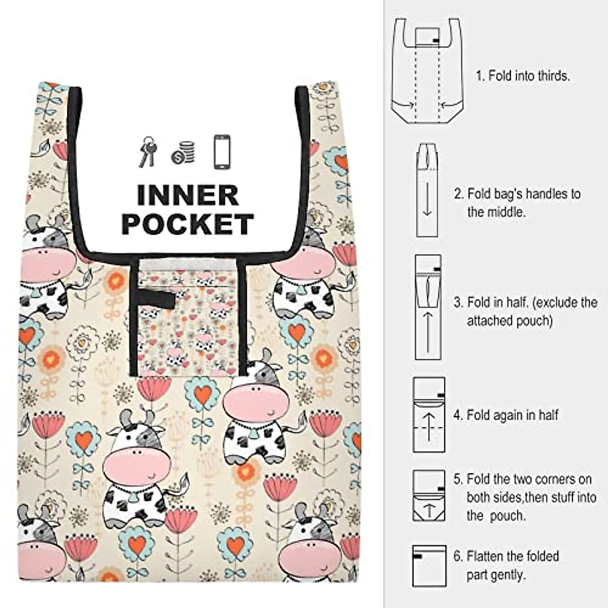 Cow Pattern Printed Reusable Grocery Bag with Handle Foldable Shopping Tote Bags Portable for Supermarket Camping