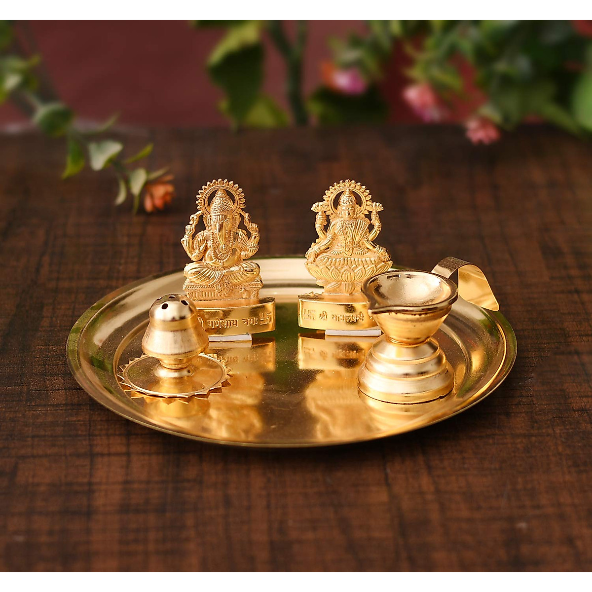 Collectible India Pooja thali Set for Aarti - Metal Laxmi Ganesh Idol Showpiece -Bhai Dooj Traditional Diya - Agarbatti Incense Stick Holders - Puja Article Spiritual Diwali Gift Items (1 Box)