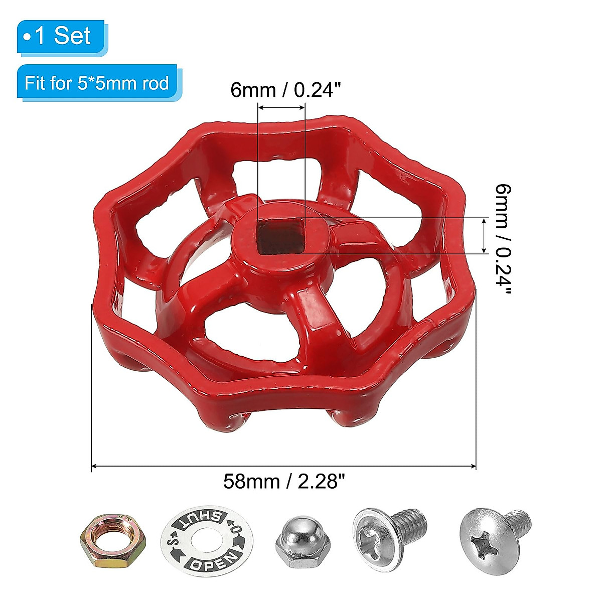PATIKIL Outside Faucet Handle Square Stem Hole 6x6mm, Cast Steel Faucet Round Wheel Handle Replacement Water Spigot Handle with Screws Spacer, Red