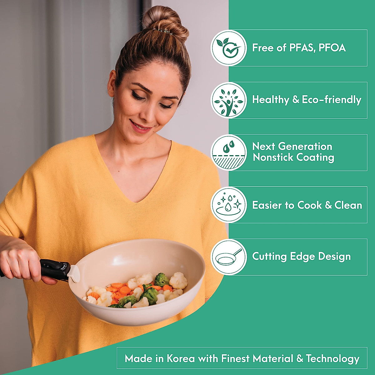 GK Steel Ceramic Detachable Pots and Pans Set - Ceramic Pots and Pans with Titanium Diamond Coating, Oven and Induction Safe(Warm White-3 Piece)